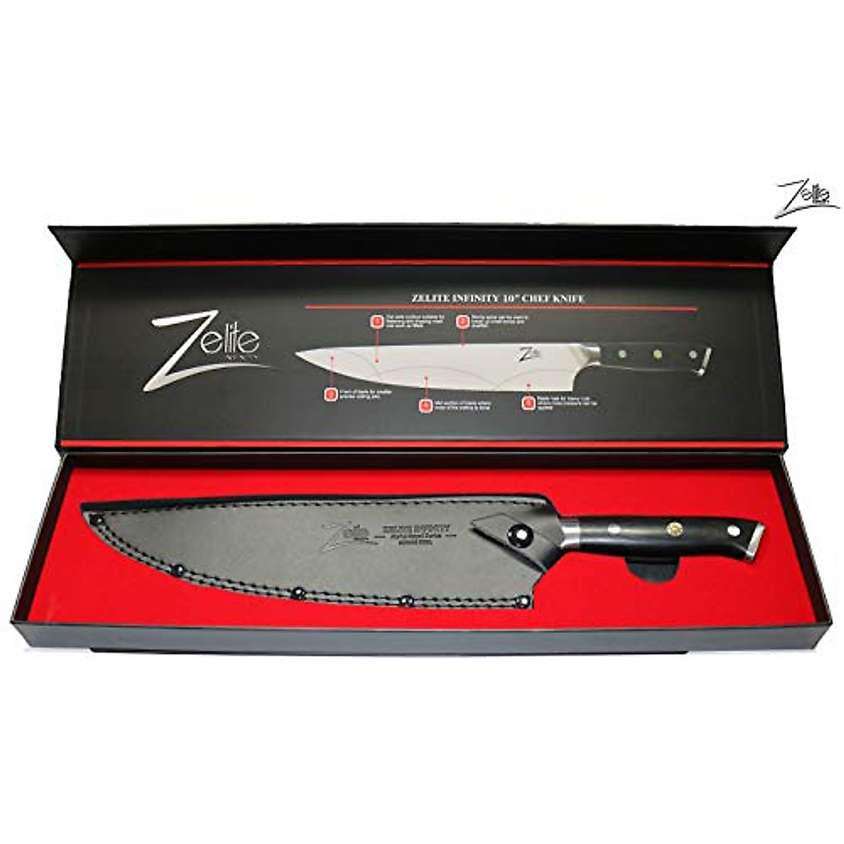 Zelite Infinity Chef Knife 10 Inch, Chefs Knife, Kitchen Knife, Chef's Knives, Chef Knives, Sharp Knife, Vegetable Knife - German High Carbon Stainless Steel - Pakkawood Handle - Leather Sheath