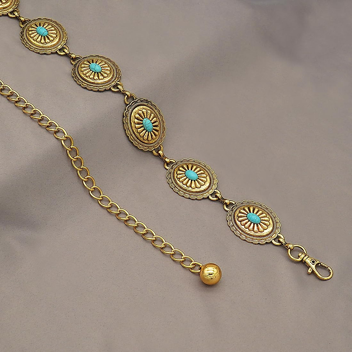 Liutufy Women's Turquoise Concho Chain Belt Western Cowgirl Metal Waist Chain Belt for Dress (B Gold-M)