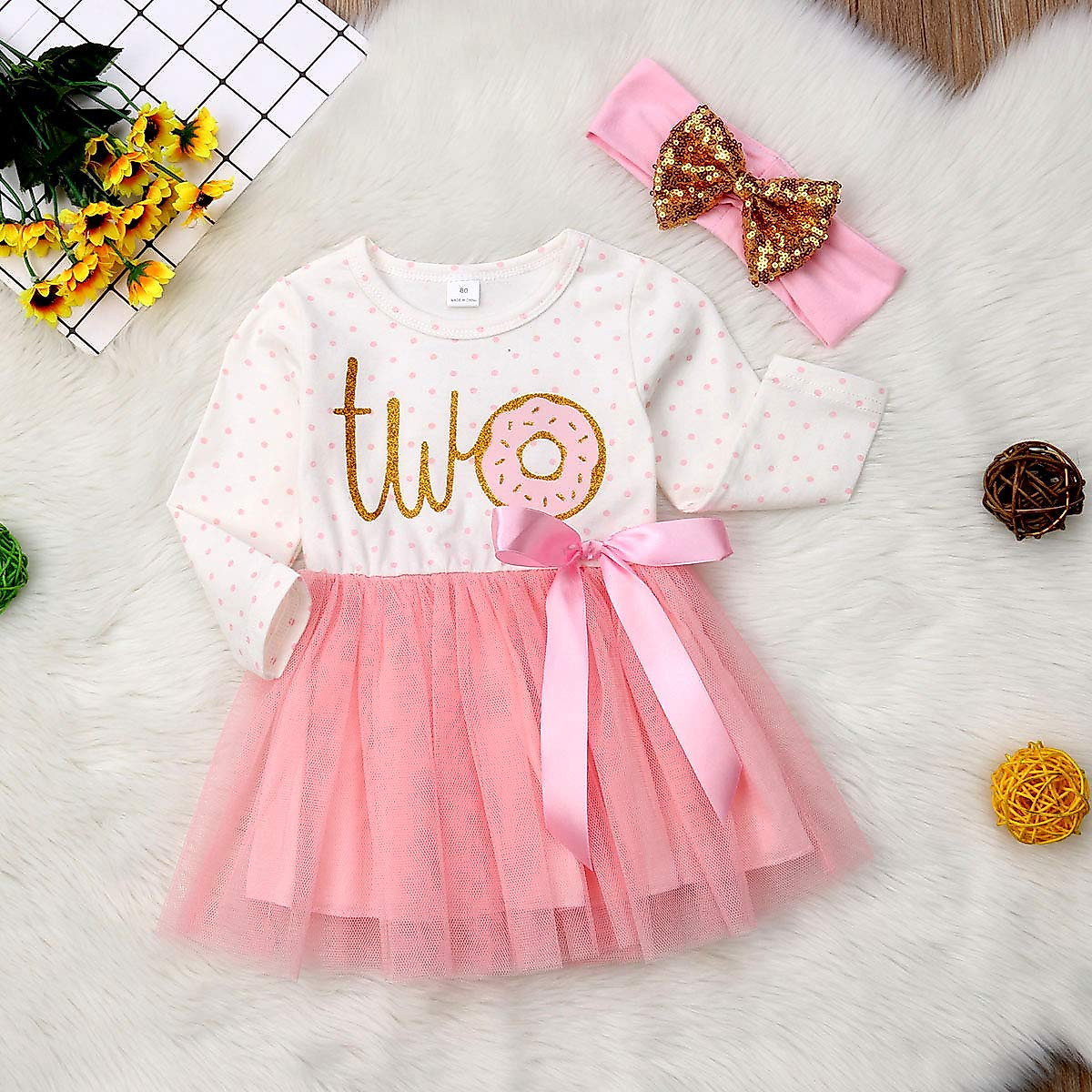 Newborn Baby Girls Pink Striped Tutu Dress First Birthday Skirt Outfits Casual Donut Print Girls Clothes Headband 2Pcs Set (Two Long-Sleeve, 2-3T)