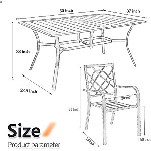 Patiomore 7 Piece Outdoor Patio Dining Set, Metal Furniture Set Rectangular Slatted Dining Table with Umbrella Holes & 6 Stackable Backyard Garden Chairs