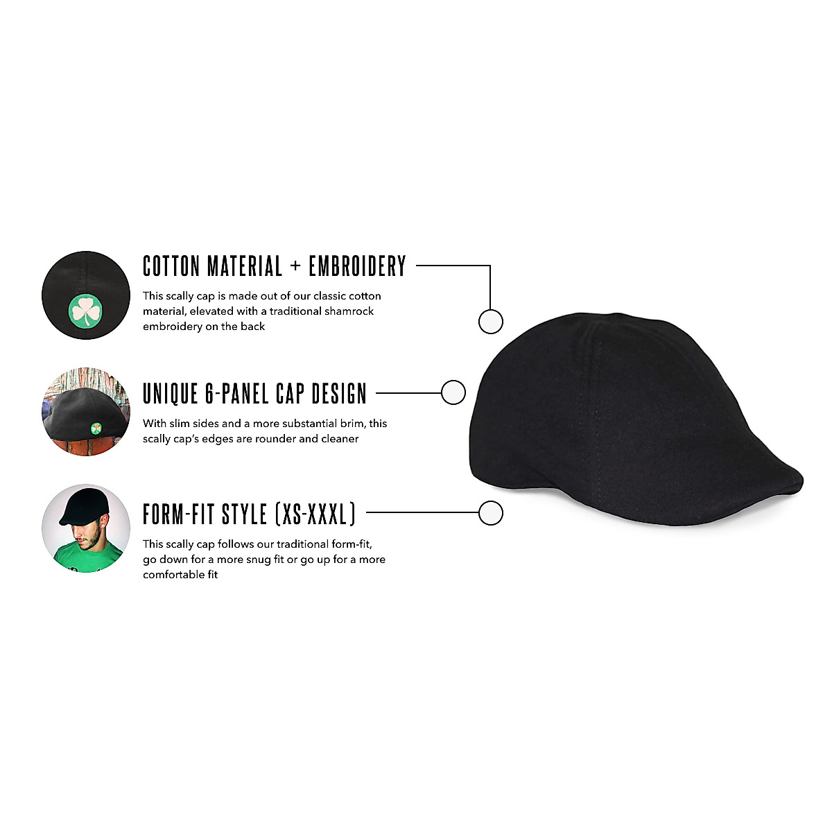 The Original Boston Scally Cap - The Dubliner Newsboy Flat Cap - 6 Panel Cotton Fitted Hat for Men - Black - ML