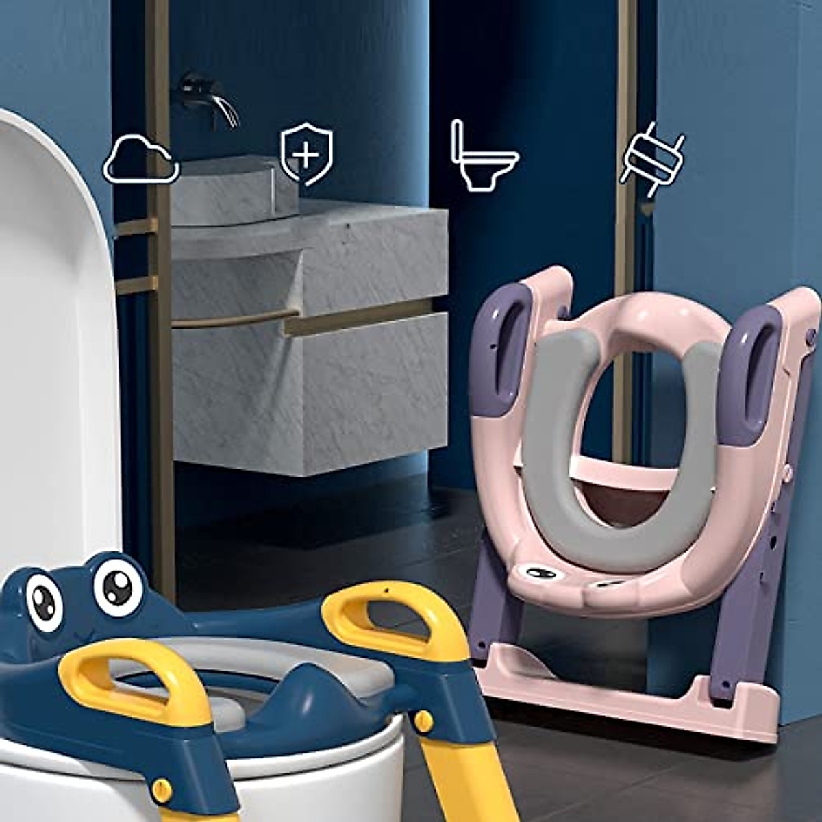 Kids Potty Training Seat with Step Stool Ladder, Foldable Toilet Training Seats Prevent Slipping Baby Toilet Potty Seat (Pink)