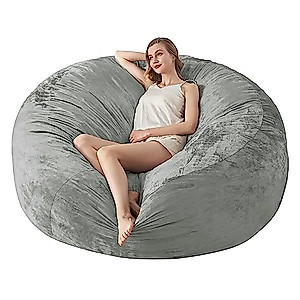 XIECUVA Bean Bag Chair Cover (Not A Full Bean Bag), Large Round Soft Fluffy Ultra-Fine Fiber Velvet Sofa Bed Cover, Lazy Sofa Bed Cover, 6ft Light Drey (Cover Only, No Filler)