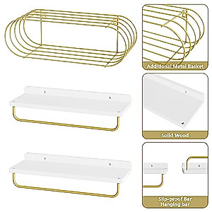 Love-KANKEI Floating Shelves Wall Mounted, Bathroom Shelf with Towel Bar, Wall Shelves with Wire Storage Basket,Wood Shelves for Kitchen Bedroom Living Room, Set of 3 White and Gold