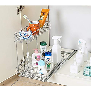 TQVAI Pull Out Under Sink Cabinet Organizer 2 Tier Slide Wire Shelf Basket - 11.49W x 17D x 14H - Request at Least 12 inch Cabinet Opening