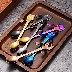 Cat Spoon Coffee Teaspoon, PBIEHSR Stainless Steel Hanging Cup Tea Spoon Two Different Lengths Dessert Scoop for Stirring Drink Mixing Milkshake Jam, Set of 6 (Multicolor-S)