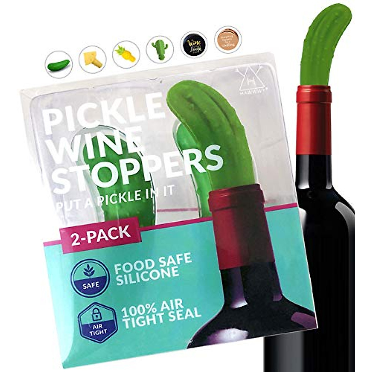 Hawwwy Pickle Wine Stopper - Set of 2 - Leak Proof- Premium Wine Stoppers for Wine Bottles - Ideal Gift - Cute Wine Accessories - Funny Wine Bottle Stopper with Gift Box