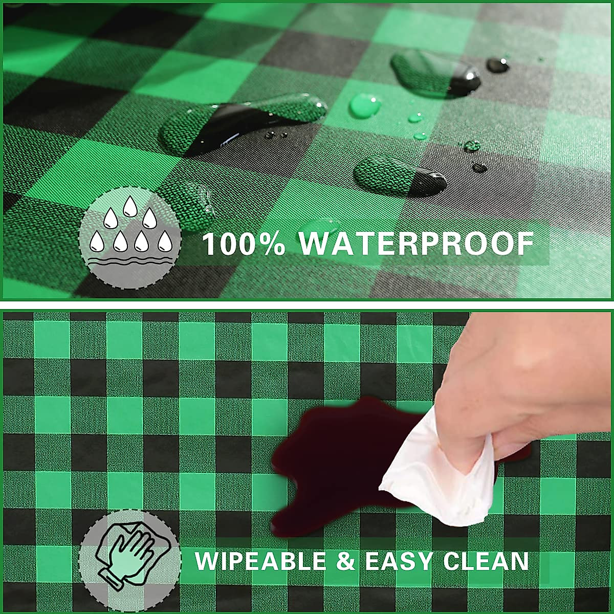Buffalo Plaid Vinyl Christmas Tablecloth Rectangle 52 x 70 Inch With Flannel Backing, Waterproof & Anti Slip Plastic Tables Cloths, Heavy Duty Table Cover for Winter, Party & Holiday, Green and Black