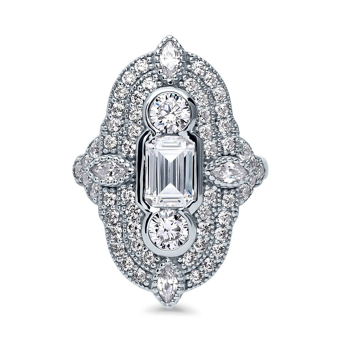 BERRICLE Sterling Silver Art Deco Cubic Zirconia CZ Statement Milgrain Cocktail Fashion Ring for Women, Rhodium Plated Size 5