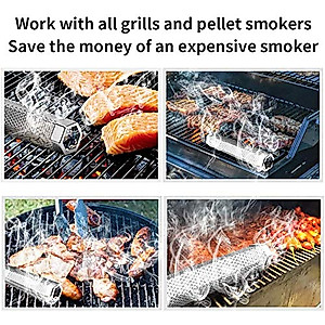 Pellet Smoker Tube, 12'' Stainless Steel Wood Pellet Smoke Tube for Cold/Hot Smoking, Portable Barbecue BBQ Smoke Generator Works with Electric Gas Charcoal Grill Smokers (Hexagon Tube+2Hooks)