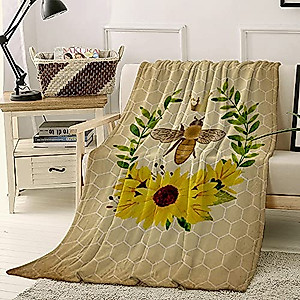 Bee Throw Blanket 50" x 60", Lightweight Super Soft Bed Blanket for Bedroom Living Rooms, Cozy Fleece Comfy Microfiber Throw Blankets for Couch Sofa, Hexagonal Pattern Honeycomb Beehive Sunflower