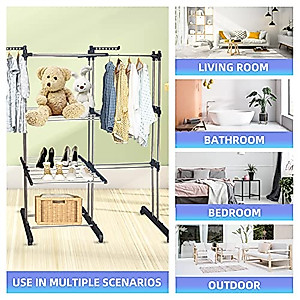 Drying Rack Clothing,Clothes Drying Rack with Casters,4-Tier Expandable Clothes Horses Rack,Collapsible Laundry Drying Rack,Movable Air Drying Rack,Oversized Laundry Racks for Indoor Outdoor