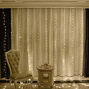 GUOCHENG Copper String Curtain Lights 3m x 3m LED Curtain Fairy Lights USB Powered Window Light Strings with Remote for Home Bedroom Party Wedding, Indoor Outdoor Decorations-Warm White