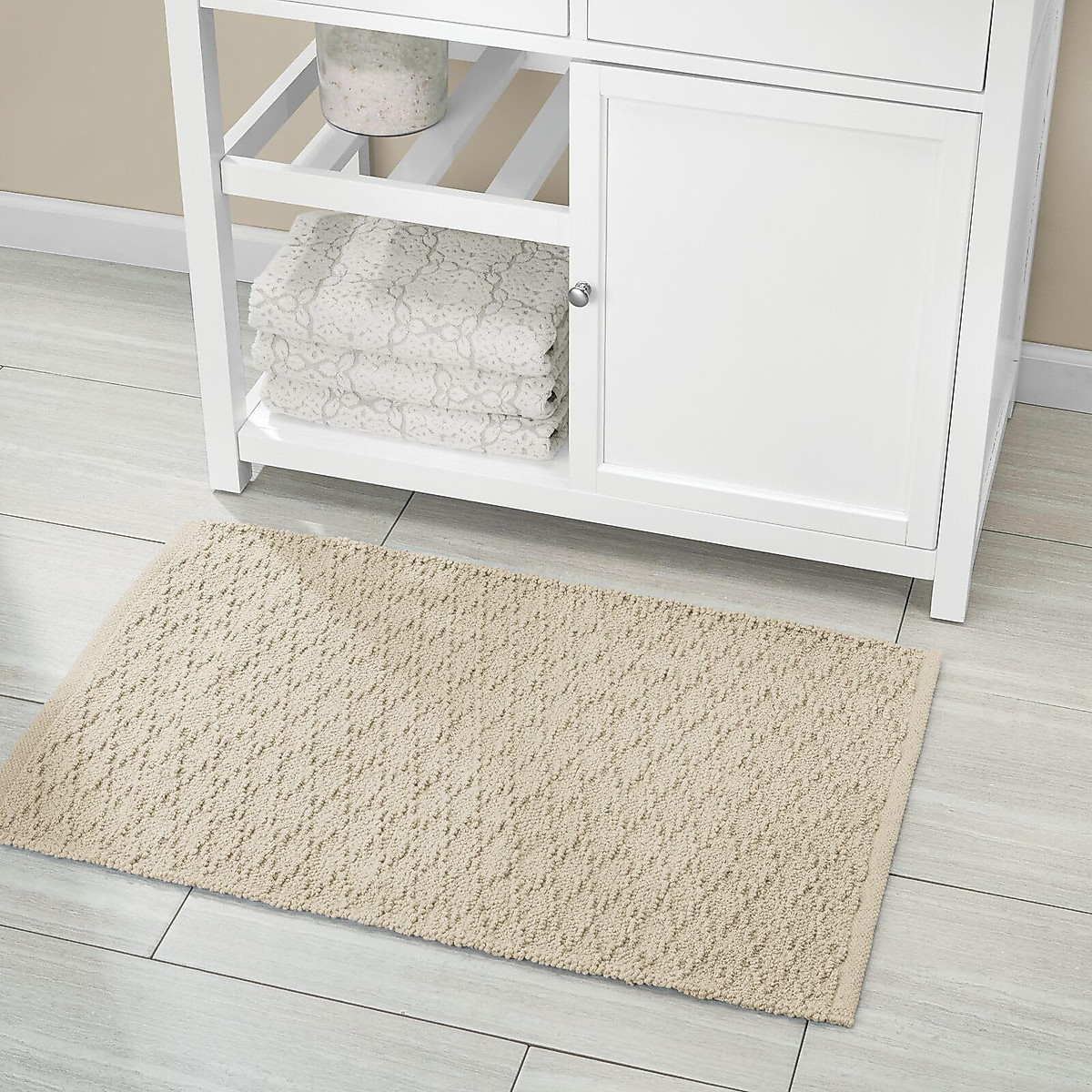 mDesign Soft 100% Cotton Luxury Rectangular Spa Mat Rugs, Water Absorbent, Diamond Design - for Bathroom Vanity, Tub/Shower, Machine Washable - Runner, Standard & Small Rug - Set of 3 - Linen/Tan