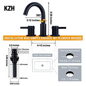 KZH Matte Black Bathroom Faucet 3 Hole, 8 inch Widespread Bathroom Faucet with Pop Up Drain, Bathroom Sink Faucet with 360° Swivel Spout, 2 Handle Vanity Faucet with Water Supply Hoses