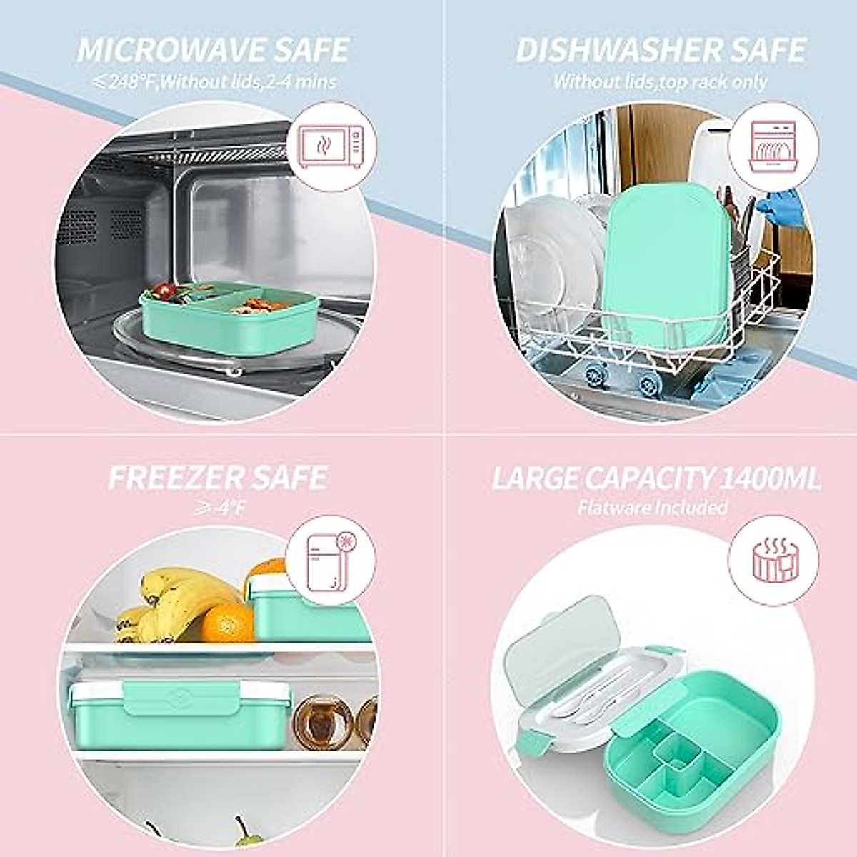 RGNEIN Bento Box Adult Lunch Box, 1300 ML 4-Compartment Bento Lunch Box for Kids, No BPA, Lunch Containers for Adults Come with Fork and Spoon, Leak Proof, Microwaveable, Dishwasherable (Green)