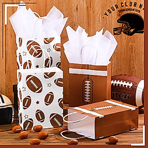 16 Pcs Sports Party Gift Bags with Tissue Paper Baseball Football Soccer Basketball Gift Goodie Favor Bags with Handle for Baseball Theme Party Girls Boys Birthday Decoration (Dark Brown, Football)