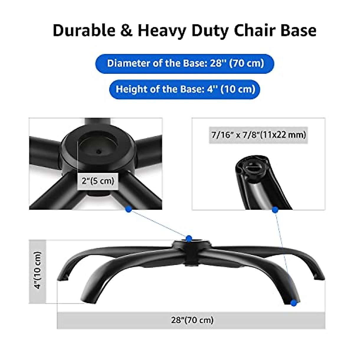 Mastery Mart Office Chair Base Replacement for Desk Chair with Cap, Universal Gas Cylinder and Caster Sockets, 28"(70 cm) Heavy Duty 2200 Lbs/1000 Kg (Matte Black)
