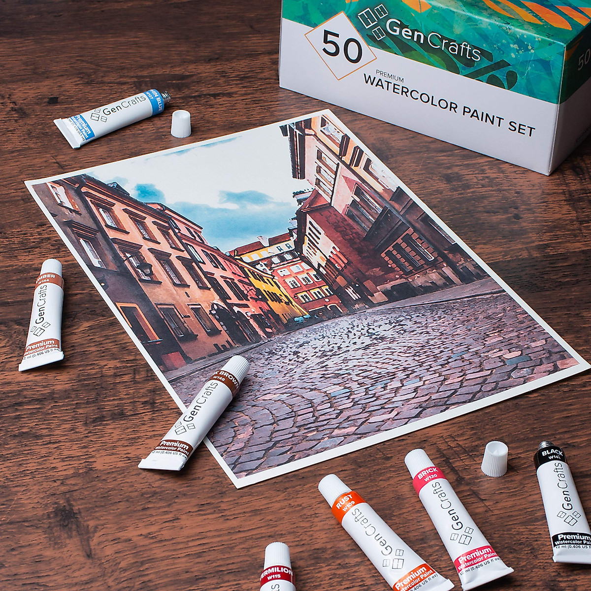 GenCrafts Acrylic Paint - Set of 50 Premium Vibrant Colors - (22 ml, 0.74 oz.) - Quality Non Toxic Pigment Paints for Canvas, Paper, Wood, Crafts, and More