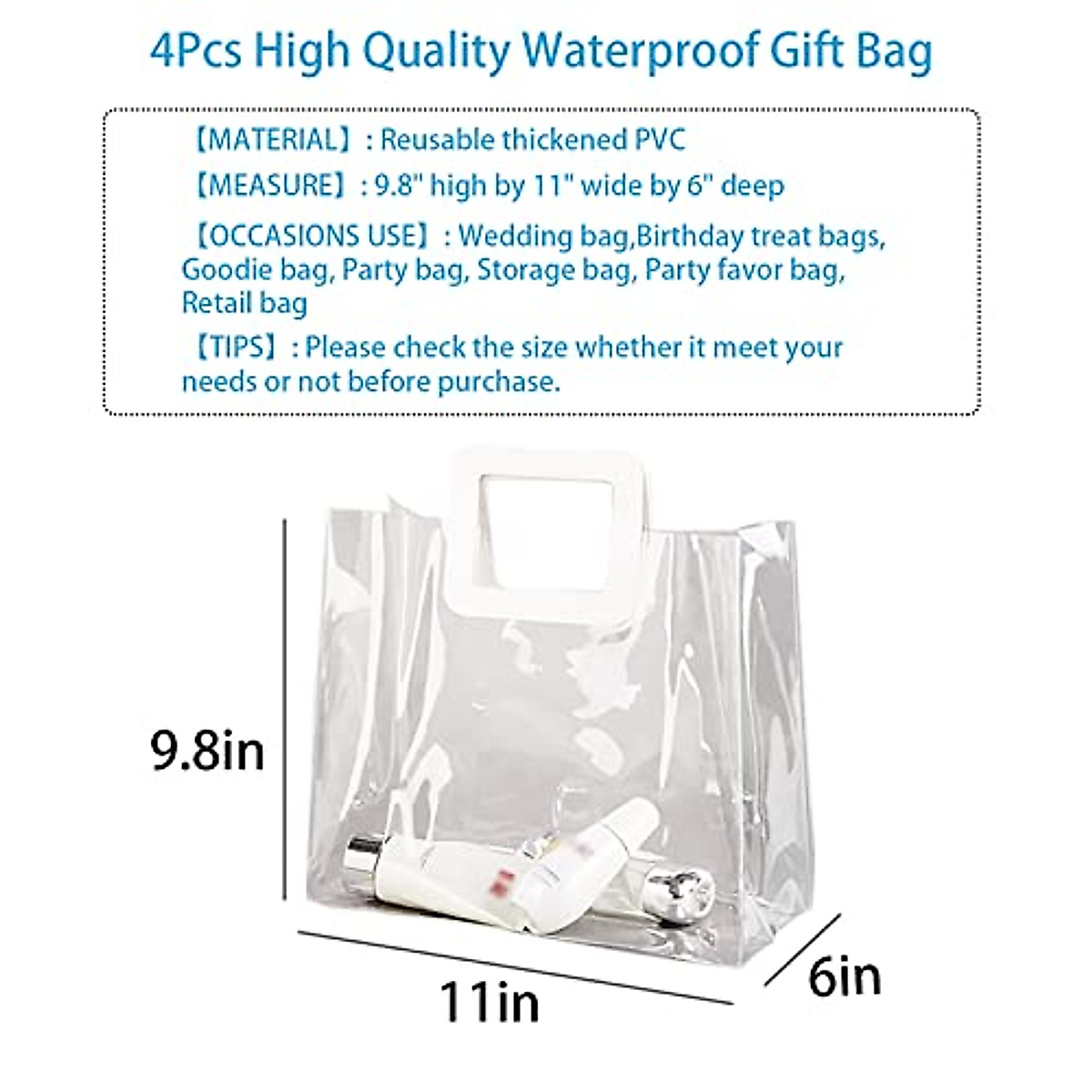 Clear Gift Bag with Handle, 4 Pcs Large Transparent PVC Gift Bag, Heavy Duty Reusable Gift Wrap Bags for Bridal Party, Baby Shower, Wedding Favor, Shopping Bag Bulk- 9.8"x6"x11"