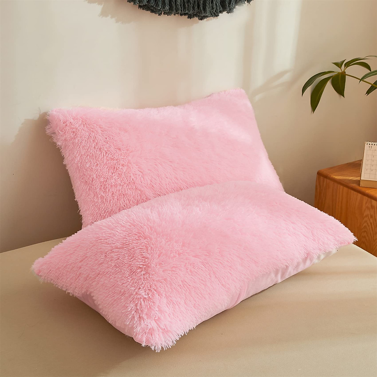 Pink Fluffy Comforter Cover Set,Ultra Soft Faux Fur Duvet Cover Bedding Sets king 3 Pieces with Pillow Cases, Fluffy Pink Bed Set Zipper Closure (Pink, King)