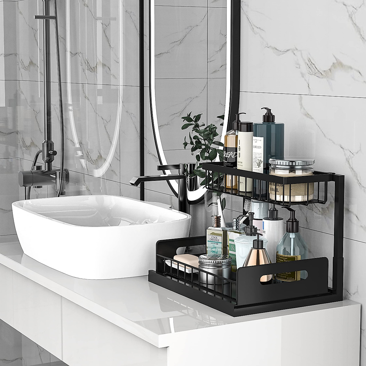 Adjustable Height Under Sink Organizer, Bukfen Pull Out Cabinet Organizer 2-Tier Slide Out Sliding Shelf Under Cabinet Storage Multi-Use for Under Kitchen Bathroom Sink Organizers and Storage …