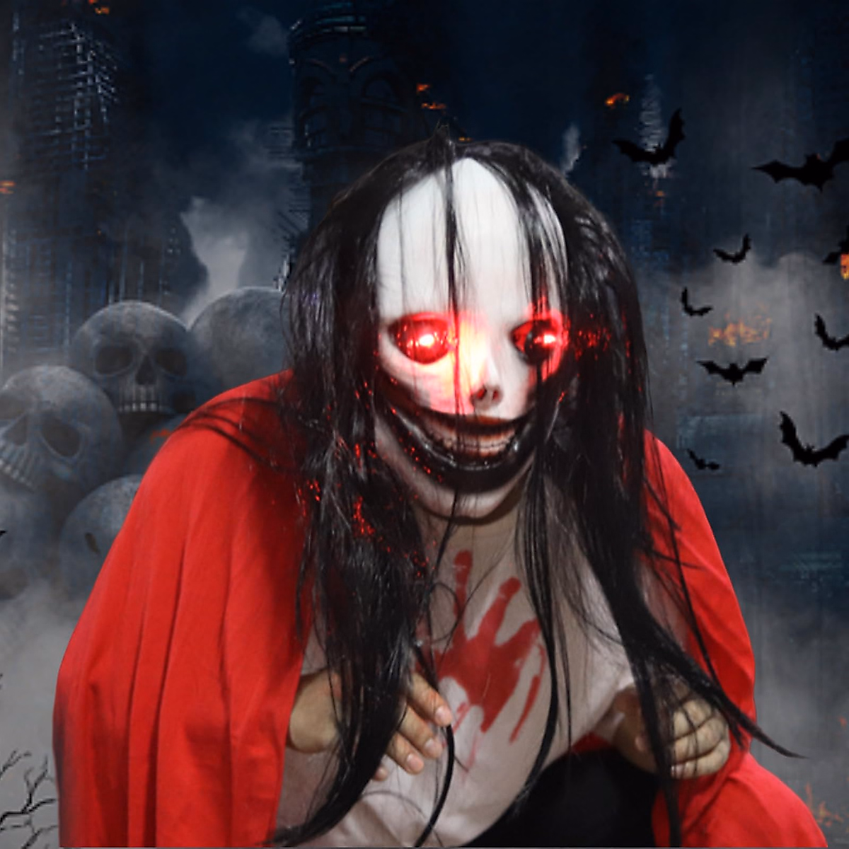 Halloween Mask Ghost face Scary with Hair LED Light up Zombie Horror Full Head Masque Decorations Costume Creepy Cosplay Prop