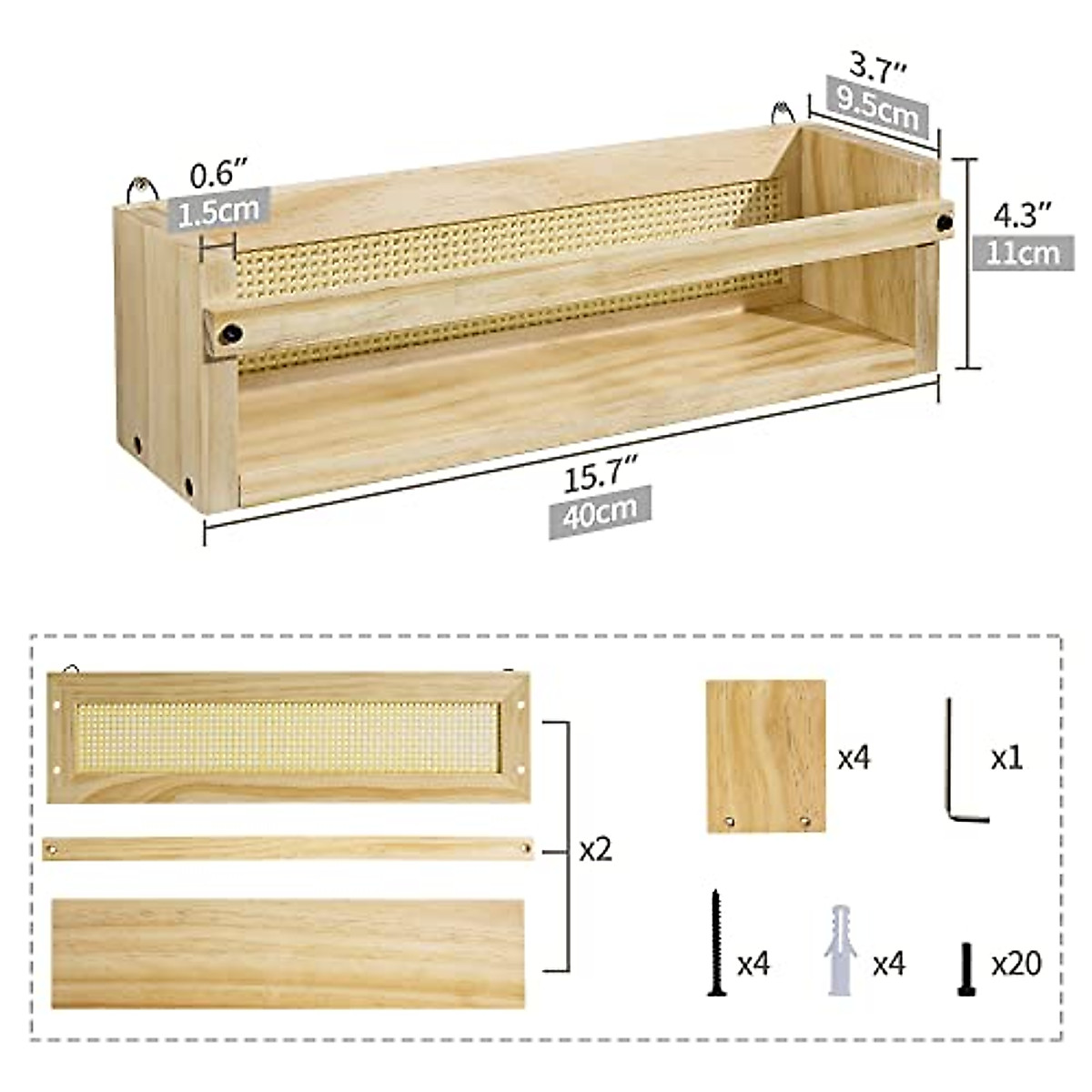 Petrala Boho Rattan Floating Shelves Set of 2, Natural Wood Wall Mounted Shelves for Wall Decor Bedroom Living Room Bathroom Office