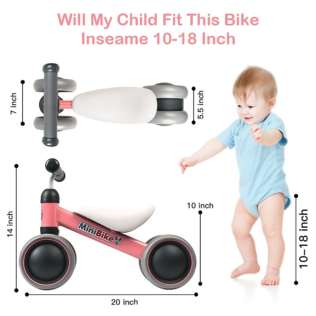 Baby Balance Bike Toys for 1 Year Old Boy Girl Gifts, 10-24 Month Toddler Balance Bike with 4 Silence Wheels, No Pedal Toddler First Bike, First Birthday Gifts Christmas for Boys and Girls (Pink)