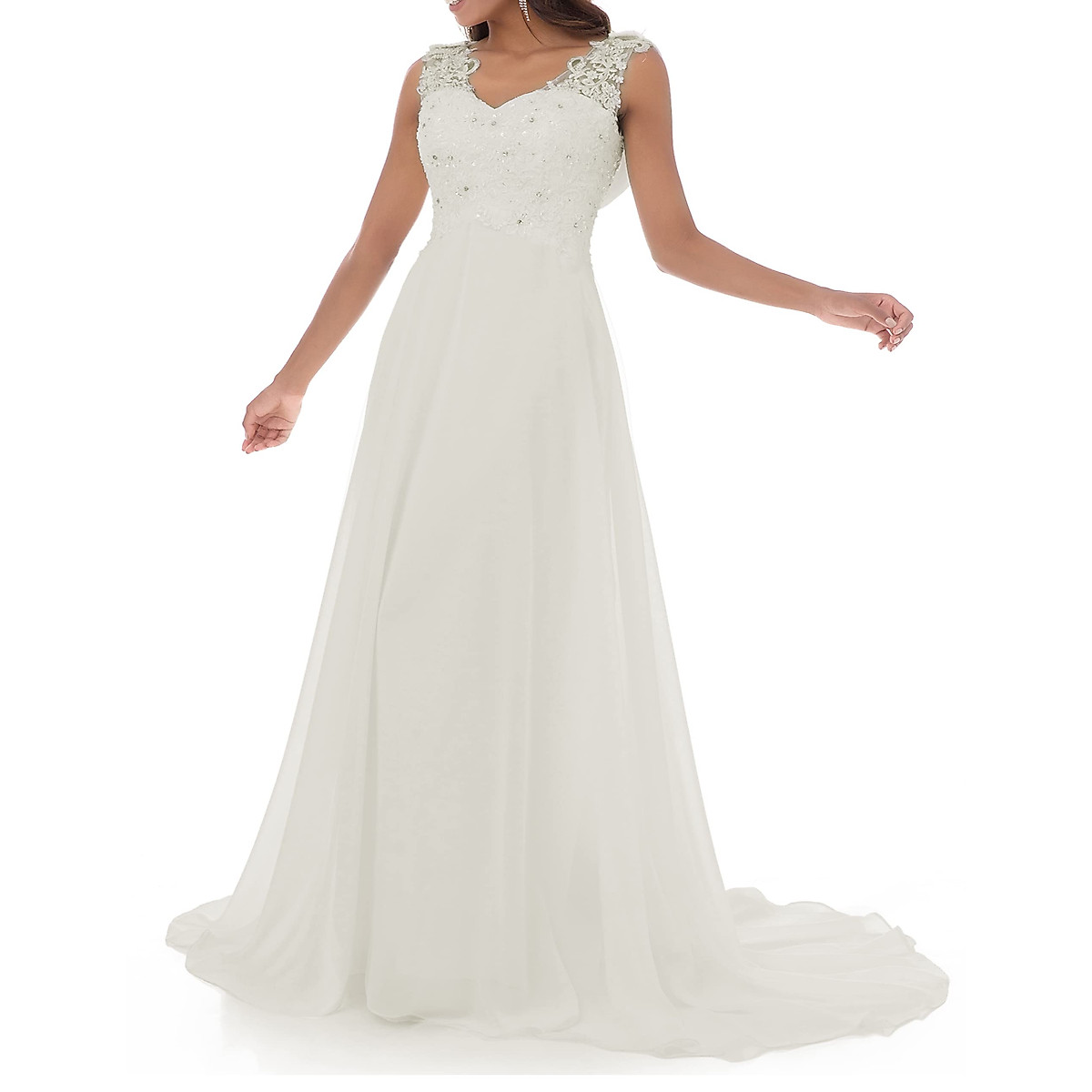 Abaowedding Women's Wedding Dress Lace Double V-Neck Sleeveless Evening Dress Ivory US 16