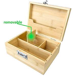 SEHLIX Large Bamboo Box with Combination Lock with Rolling Tray, 3 Stash Jars,Decorative Box for Home Gifts Locking Storage Bamboo Box Storage Glass Accessories (Bamboo)