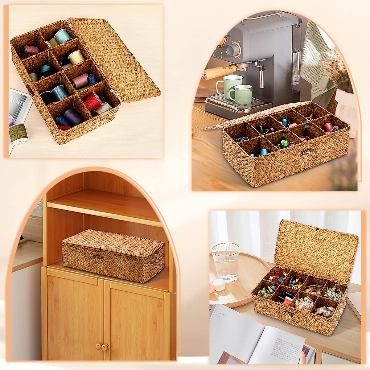 ELLDOO Tea Bags Box with Lid, Wicker Rattan Sugar Packet Holder Coffee Station Condiment Organizer Countertop Storage Desk Baskets for Pantry Coffee Bar Shelves, 8 Grids