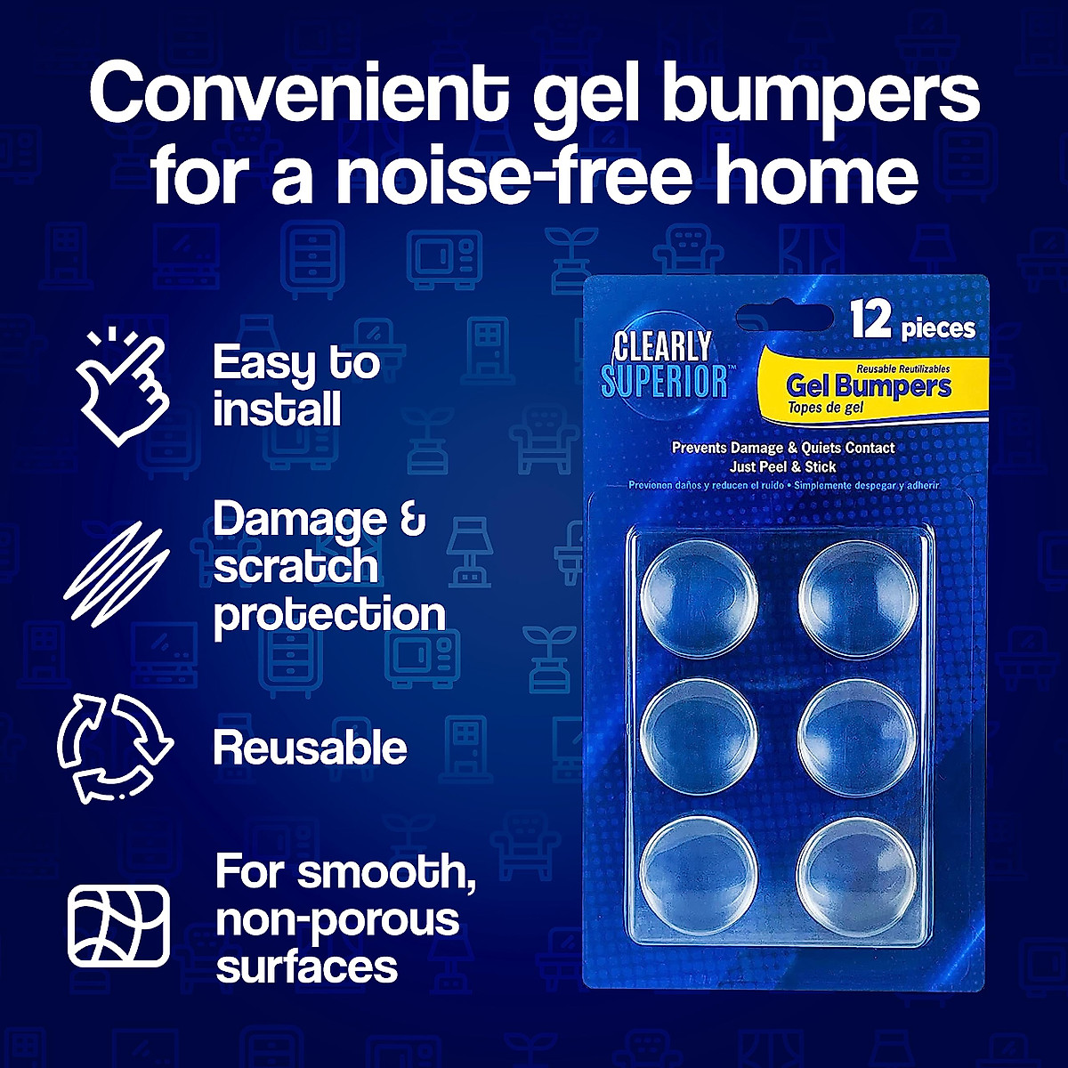 12-Pack Clearly Superior Gel Bumpers. Small Rectangle 1.5" x .5" Protects Surfaces & Quiets Contact. Use on Furniture, Doors, Cabinets, Walls & Appliances. Self Adhesive, Just Press to Apply