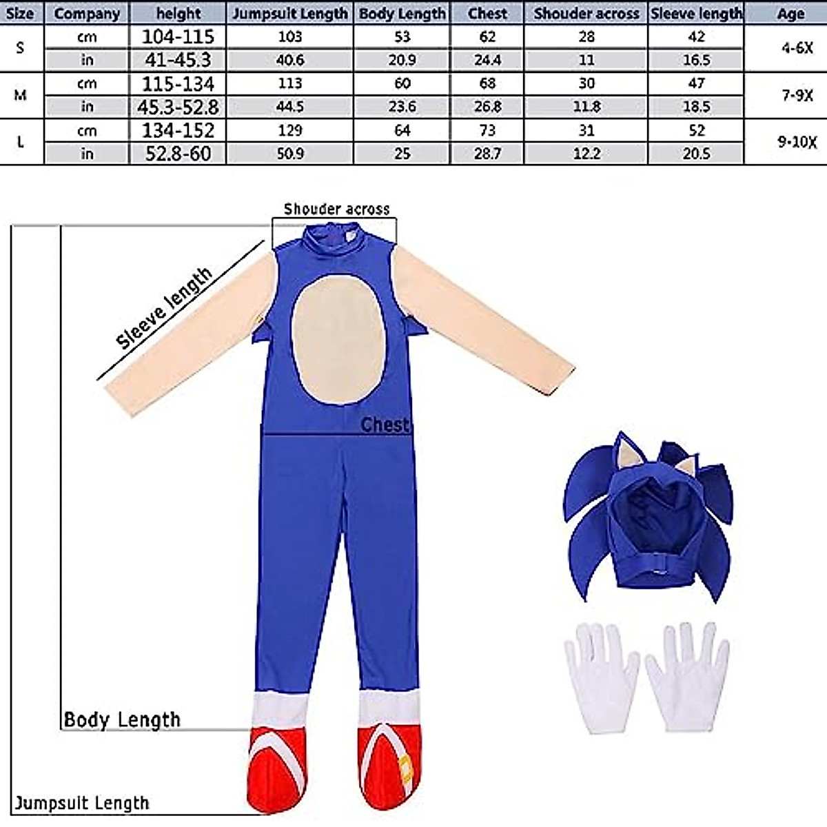 nezababy The Hedgehog Costume Boys Cartoons Jumpsuit Gloves Headpiece Outfit Kids Halloween Costume (Large)