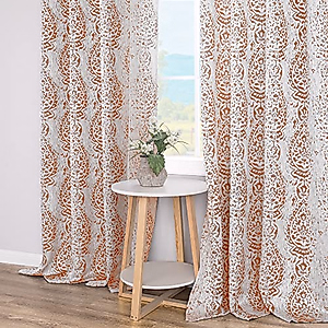 Mrs.Naturall Rusty Orange Curtains 63 Inch Length for Bedroom 2 Panels Grommet Burnt Orange Medallion Patterned Damask Moroccan Design Semi Sheer Drapes for Living Room,Terracotta and Gray Cream