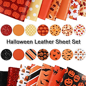 AnyDesign 14Pcs Fall Halloween Faux Leather Sheets Pumpkin Maple Leaf Black Cat Bat Stripe Dot Printed Synthetic Leather Fabric Glitter Orange Red Leather for Autumn Halloween DIY Craft, 6.3 x 8.3"