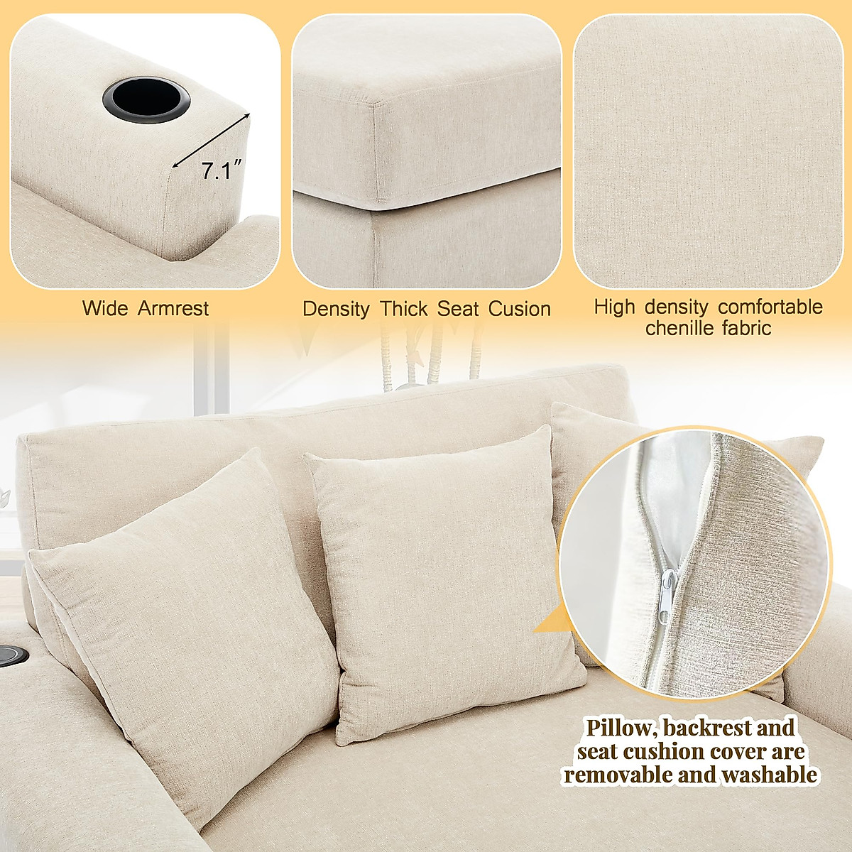 Brabrety Oversized Chaise Lounger Modern Style Sofa Couch,with Pillows, Charge Station & Cup Holders, Chenille Fabric (Cream-55in)