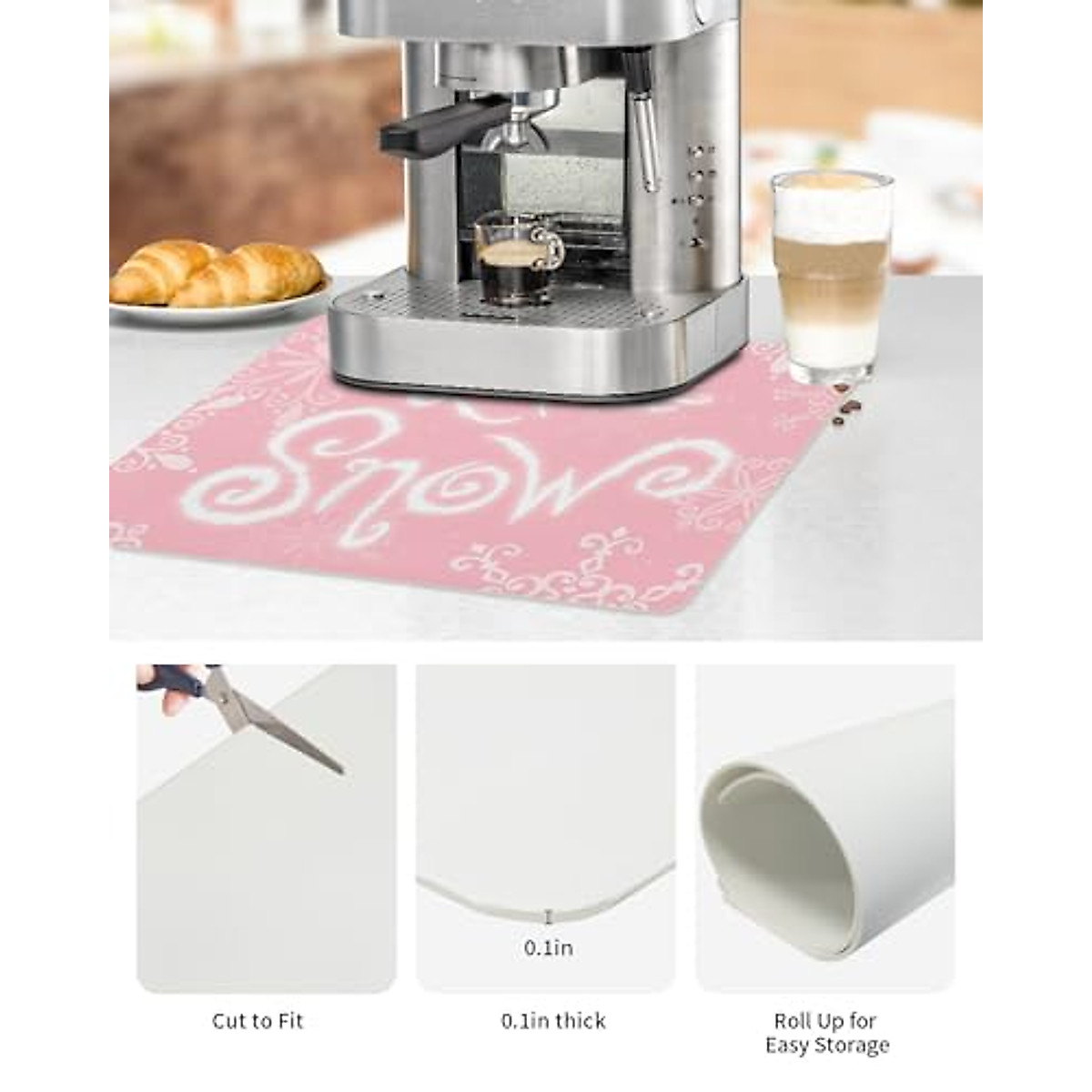 Coffee Mat for Counter, Pink Christmas Snowflakes Absorbent Hide Stain Coffee Bar Mat, Non-slip Coffee Bar Accessories Kitchen Drying Mat Fit Under Coffee Maker Espresso Machine