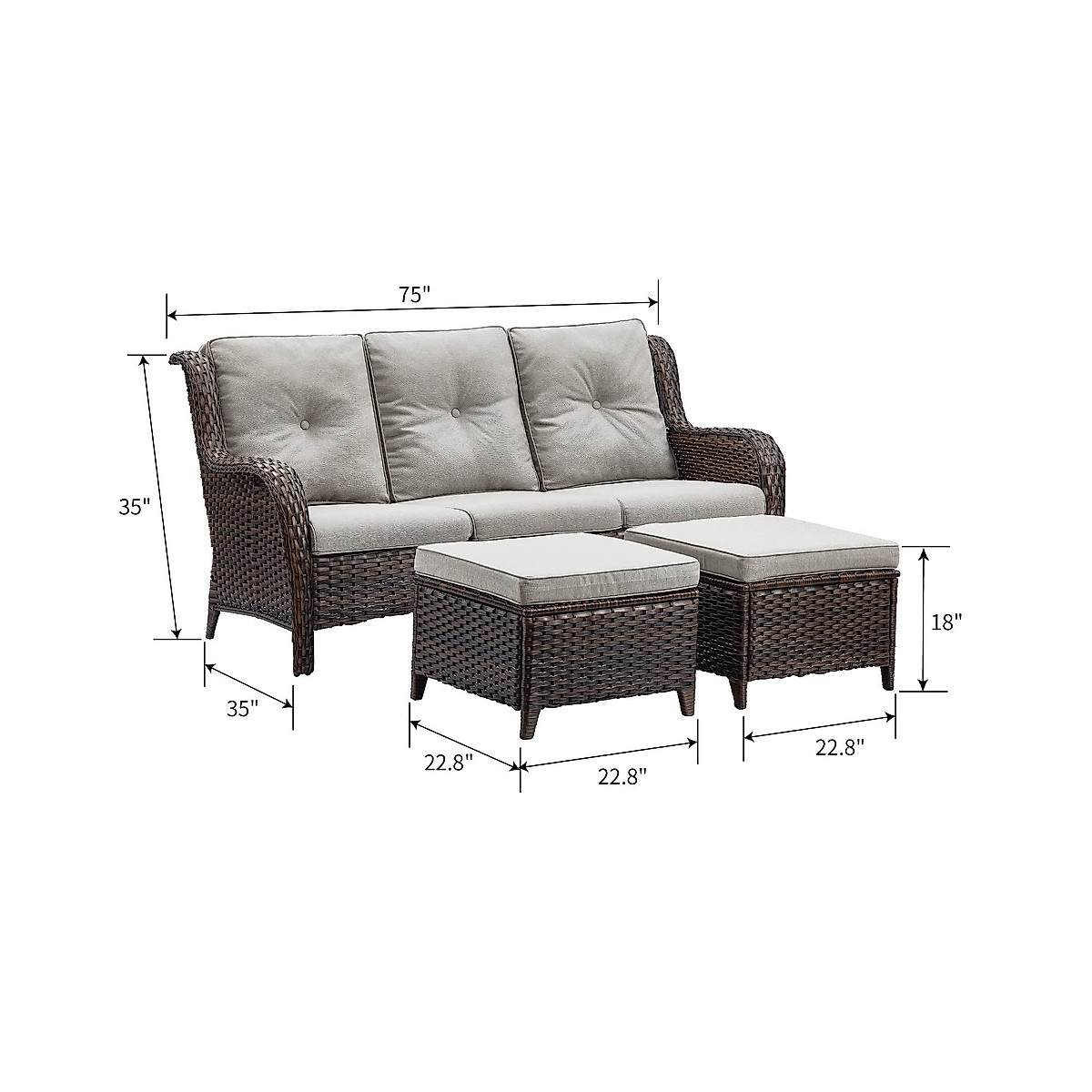 HUMMUH 3 Piece Patio Furniture Set All Weather Wicker Outdoor Sectional Sofa Manual Weaving Rattan High Curved Back Patio Couch with Ottomans