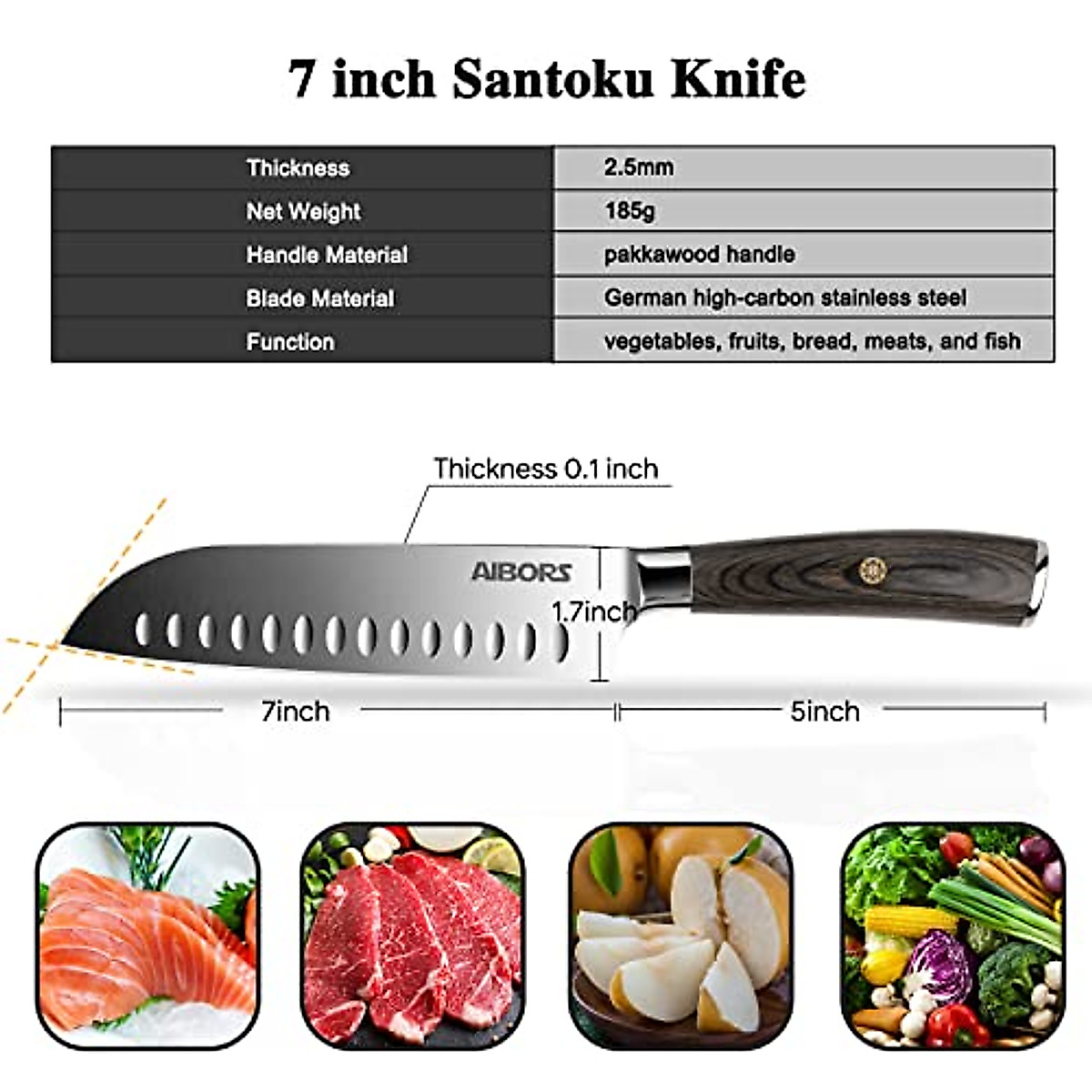 AIBORS Santoku Knife - 7 Inch Professional Kitchen Knife with German Stainless Steel 7Cr17Mov, Ergonomic Pakkawood Handle