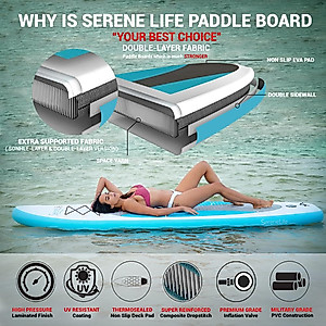SereneLife Stand up Paddle Board Inflatable - Non-Slip SUP Paddle Board Paddle, Pump, Leash, and Accessories - Fun Water inflatable paddle board for Adults and Youth with Wide Stable Design