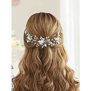 Unicra Bride Flower Wedding Hair Vine Pearls Bridal Hair Piece Crystal Hair Accessories for Women and Girls (Silver)