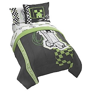 Jay Franco Minecraft Creeper Full Size Comforter Set - 7 Piece Bedding Includes Sheet Set & Pillow Covers - Super Soft Green & Gray Kids Bedding