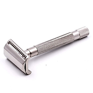 Parker THE SEMI SLANT, Double Edge Safety Razor and 5 Parker Blade Refills - Electroplated Satin Chrome Solid Brass Handle - Delivers a Barbershop Shave at Home