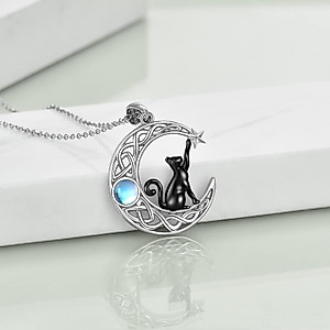 VONALA Celtic Moon Black Cat Necklace for Women Sterling Silver Cat Jewelry for Women Moonstone Necklace for Cat Lovers