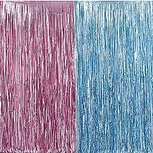 Metallic Tinsel Foil Fringe Curtains 3.2 ft x 6.6 ft Baby Shower Gender Reveals Party Decoration Party Photo Backdrop (Pink/Blue)