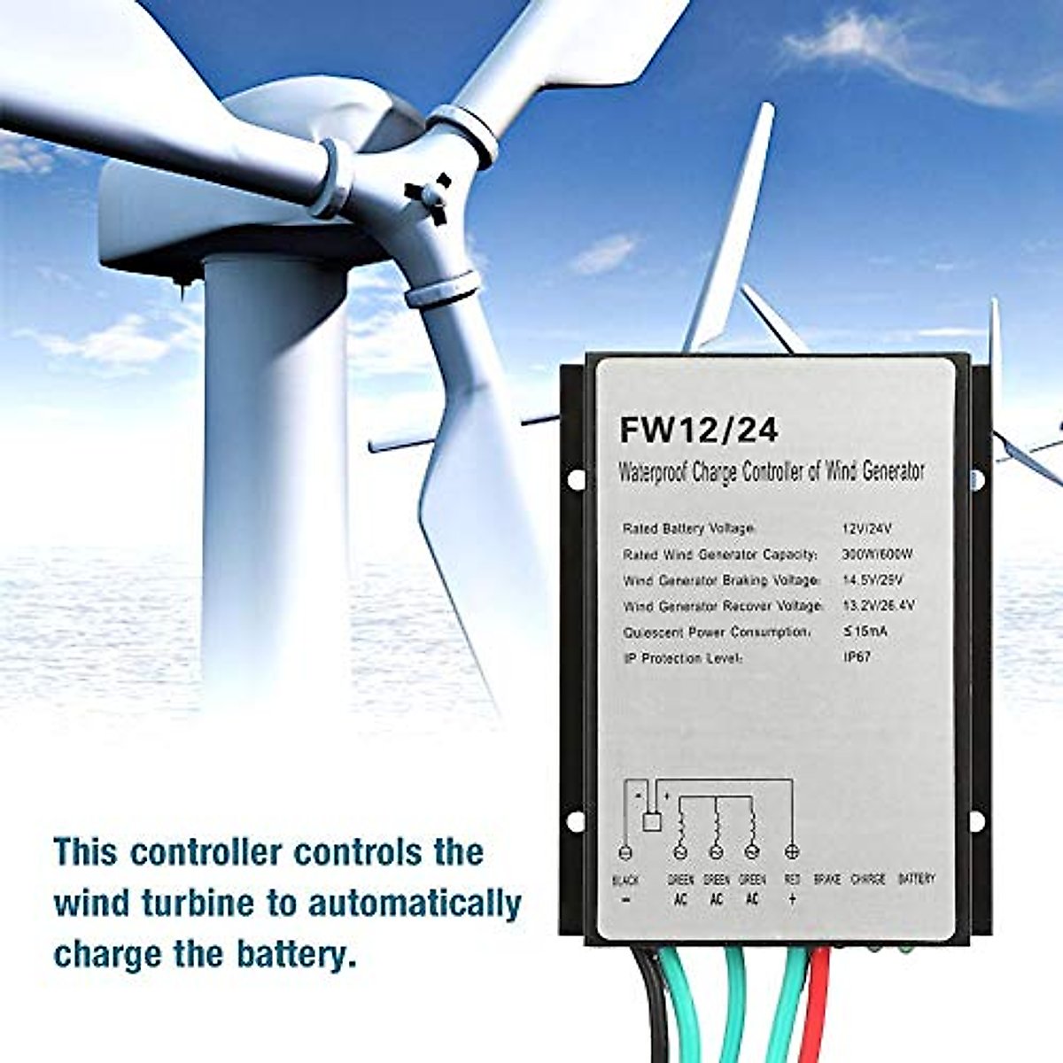 Oumefar Wind Turbine Controller, FW12/24 IP67 Waterproof 12V/24V Wind Turbine Generator Controller Regulator for Hybrid Wind Controller and Solar Controller
