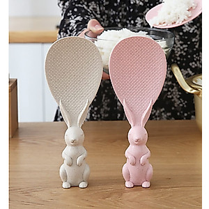 YunQin 2Pcs Creative Cute Rabbit Non-Stick Rice Scoop,Bunny Shape Standable Rice Scooper,Household Rice Cooker Rice Spoon,Cartoon Rice Spoon(Pink+Beige)