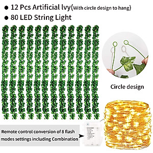 COOLUCK 84Ft 12 Pack Artificial Ivy Leaf Plants Vine with 80 LED String Light,Green Vines Garland, Hanging for Home Kitchen Office Wedding Wall Décor