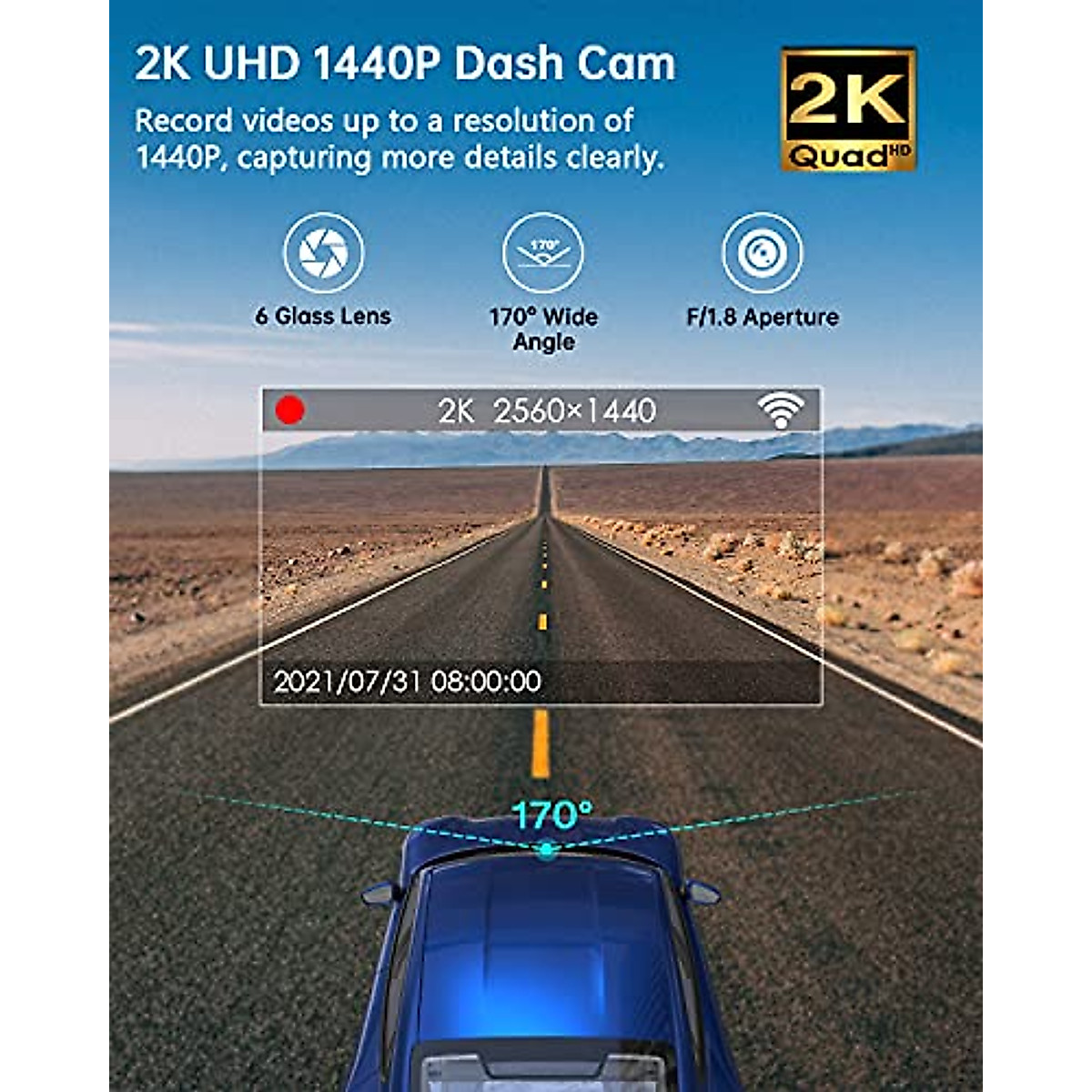 Dash Cam 2K WiFi 1440P Car Camera, Dash Camera for Cars, Front Dashcam for Cars with Super Night Vision, WDR, Loop Recording, G-Sensor, 24 Hours Parking Monitor, APP, Support 128GB Max